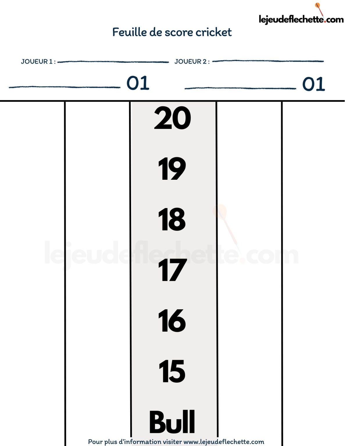 Feuille de score imprimable pour le jeu de Cricket - Le jeu de Fléchettes