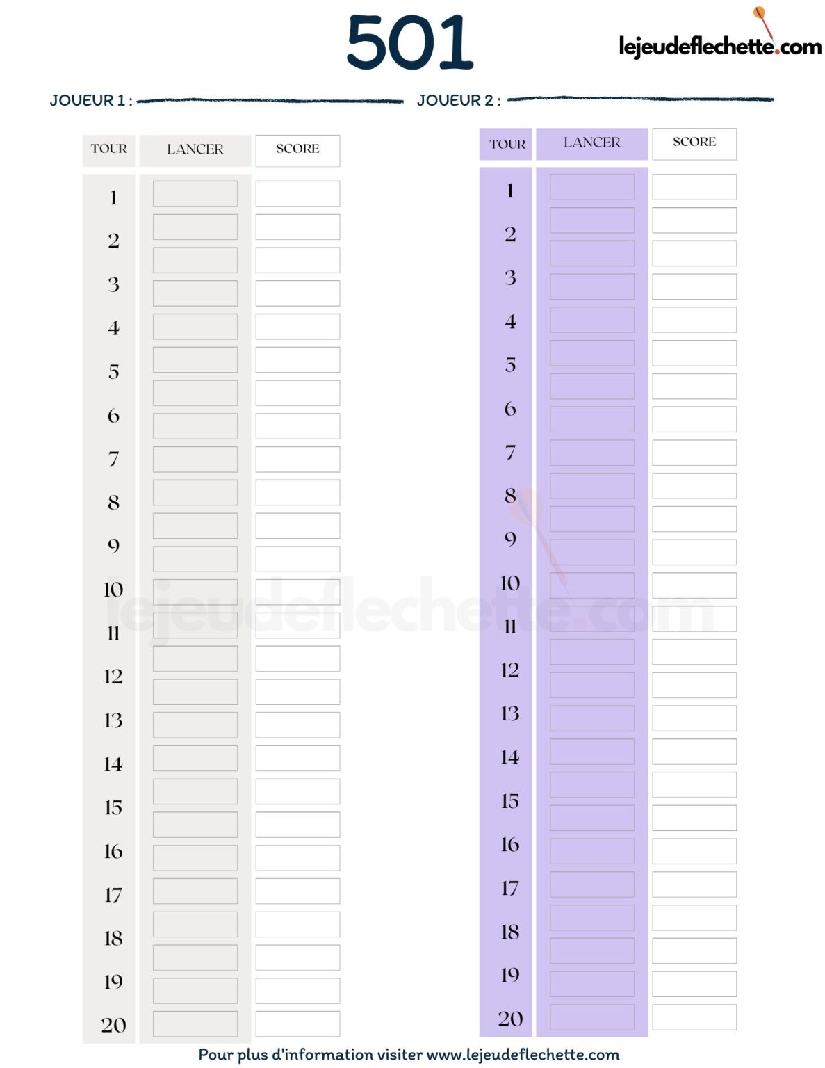 Feuille de score imprimable pour le jeu de fléchettes 501 - Le jeu de ...